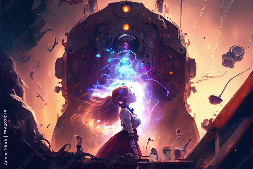 Young woman destroying futuristic alien spacetime travel machine with ...