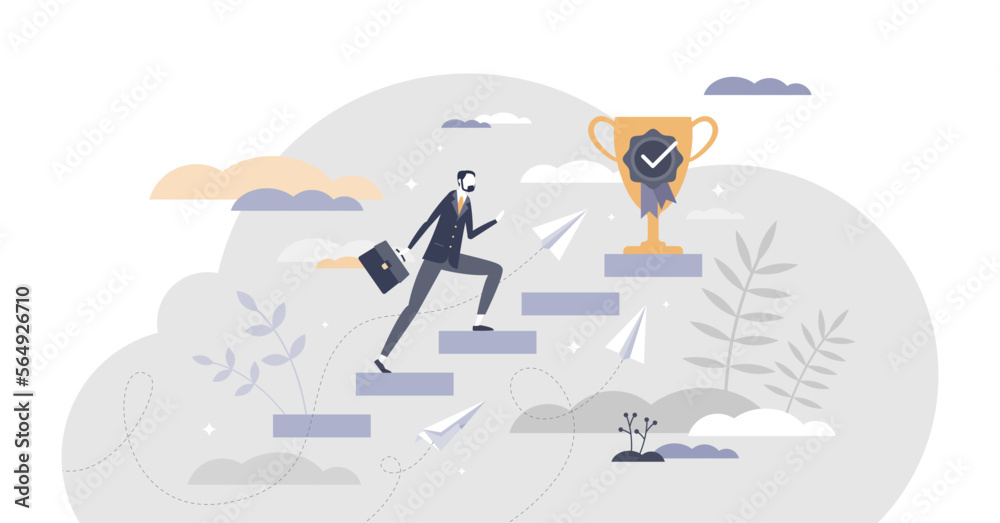 Reaching goal as business career steps climbing to target scene tiny ...