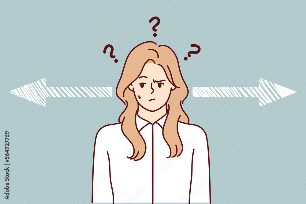 Discouraged woman near arrows pointing in different directions for hard ...