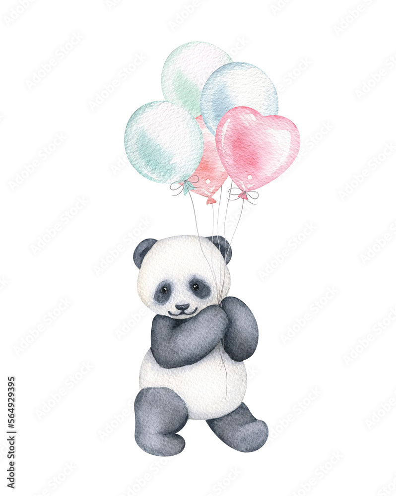 Cute panda with balloons. Watercolor circus illustration isolated on ...