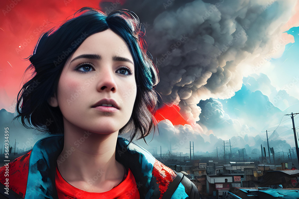 Non-existent person in generative AI digital illustration, disaster day ...