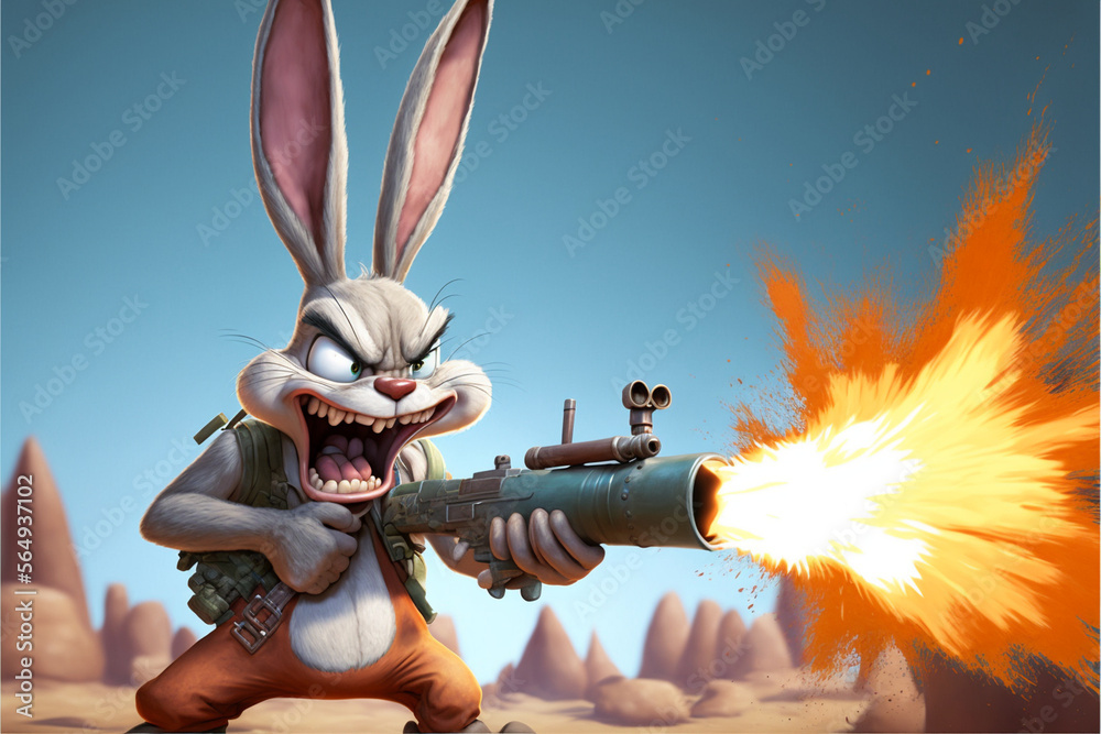 Cartoon angry rabbit shooting bazooka, AI generated art Stock ...