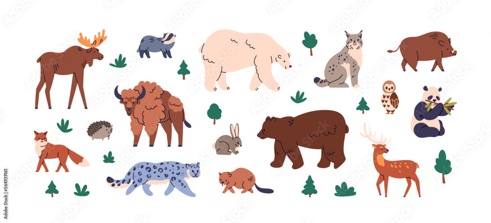 Wild animals, Eurasian fauna set. European wildlife species. Bear, fox ...
