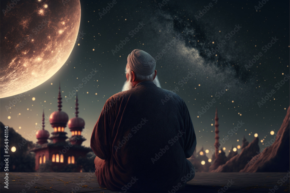 Photo & Art Print muslim old man praying on a starry and crescent moon ...