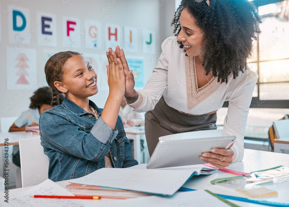 Tablet, high five and teacher with child education, learning and ...