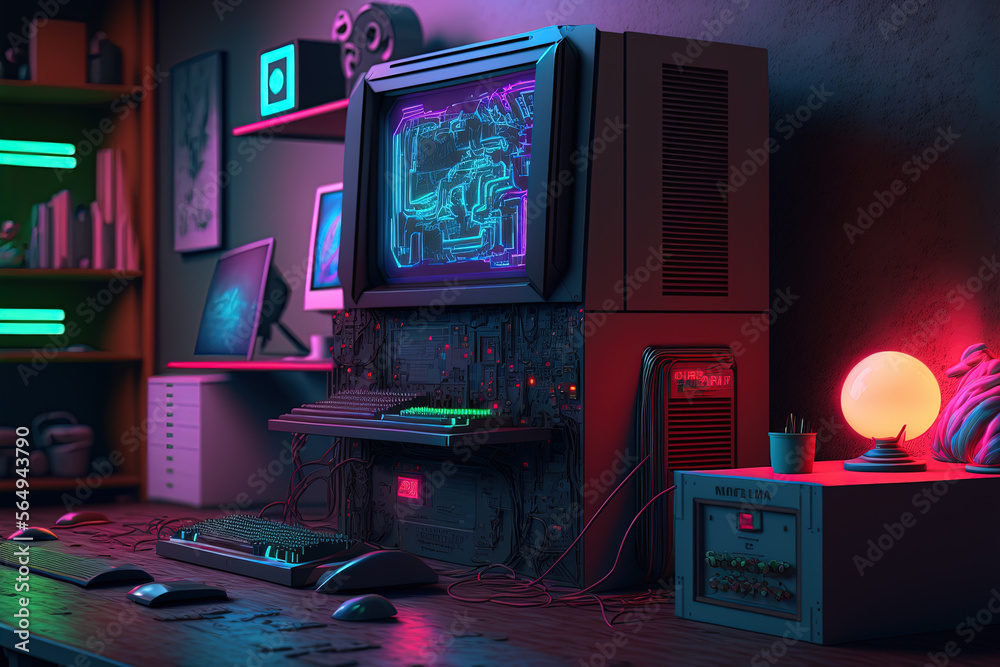 Generative AI, Computer on the table in cyberpunk style, nostalgic 80s ...