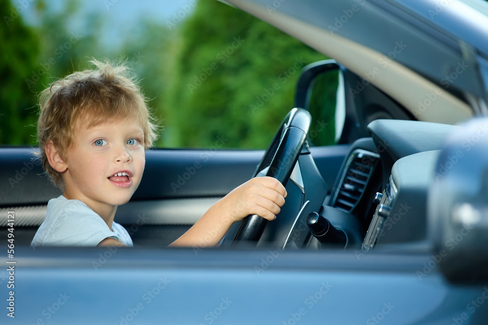 A cute boy turns the steering wheel in a real car, dreams of becoming a ...