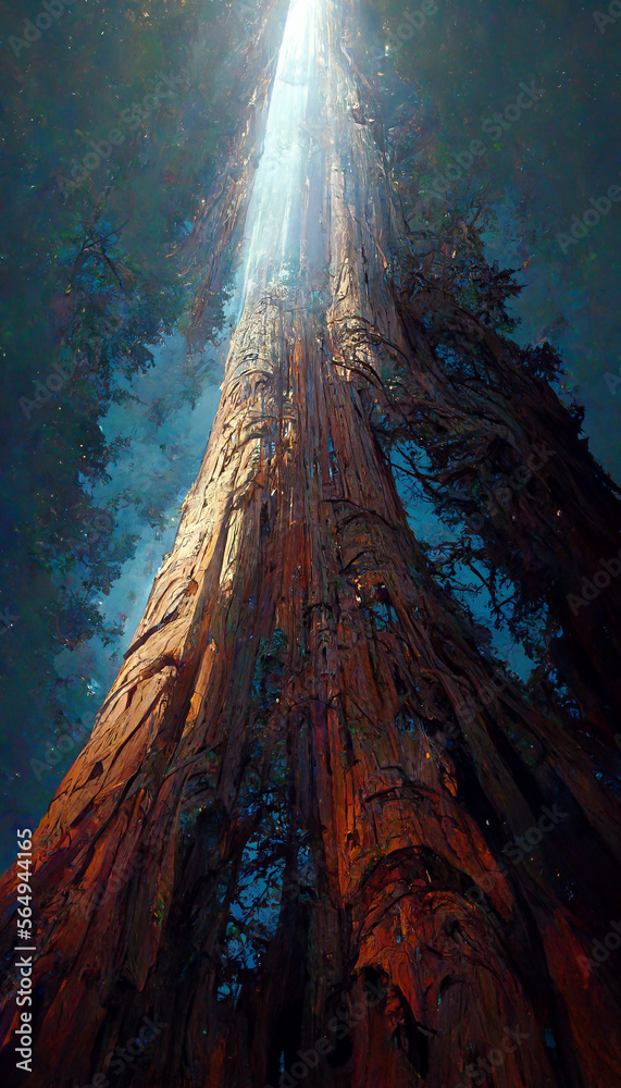 looking up at a massive redwood tree dramatic lighiting Generative AI ...