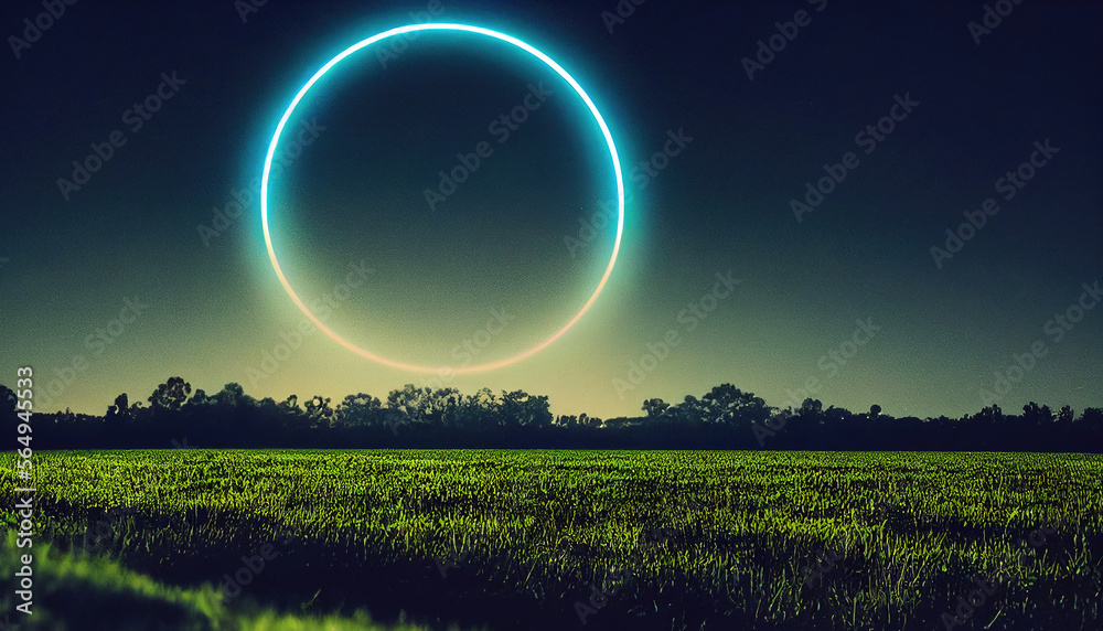 a fabulous field with tall green grass in a neon full moon, a starry ...