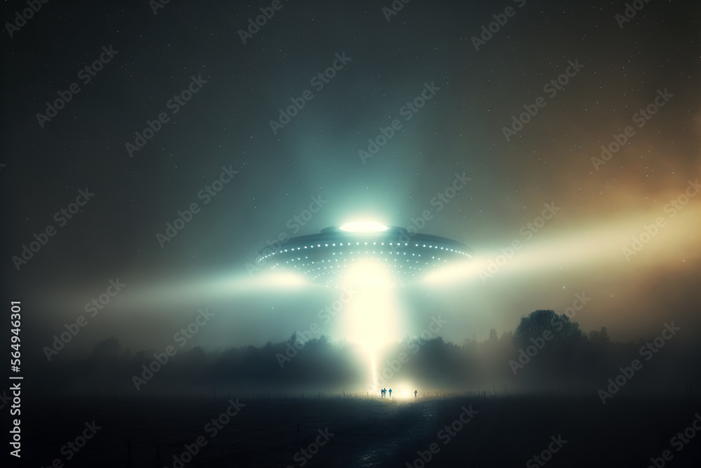 Ufo landing, mysterious lights and alien reveal in the dark night ...