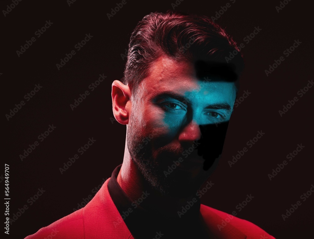 Art, neon and creative portrait of man with light reflection in eyes on ...