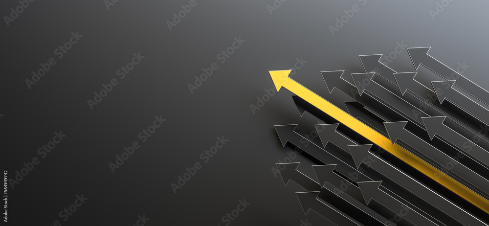 Leadership concept, yellow leader arrow leading black arrows, on black ...