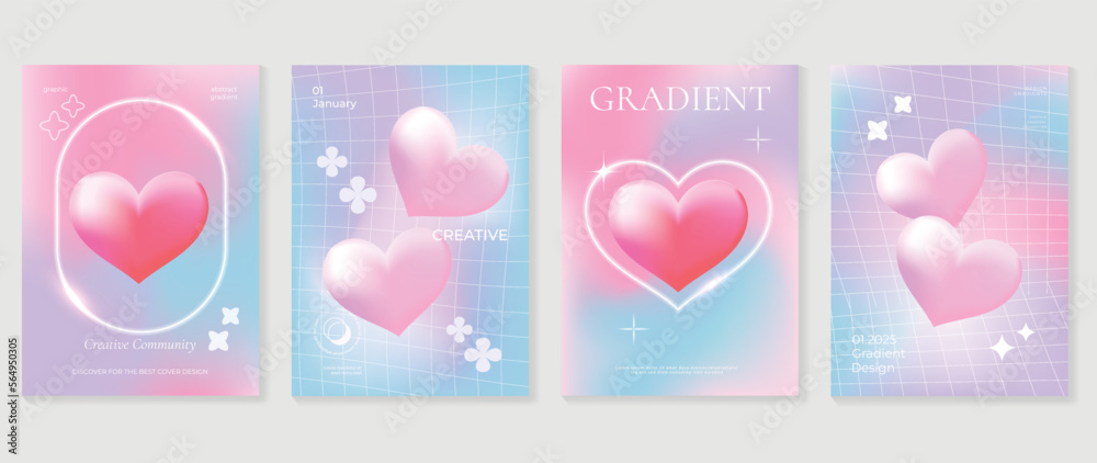 Abstract gradient Y2K style template cover vector set. Happy Valentine ...