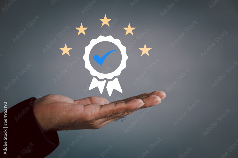 Hand shows sign of the top service Quality assurance, Guarantee ...