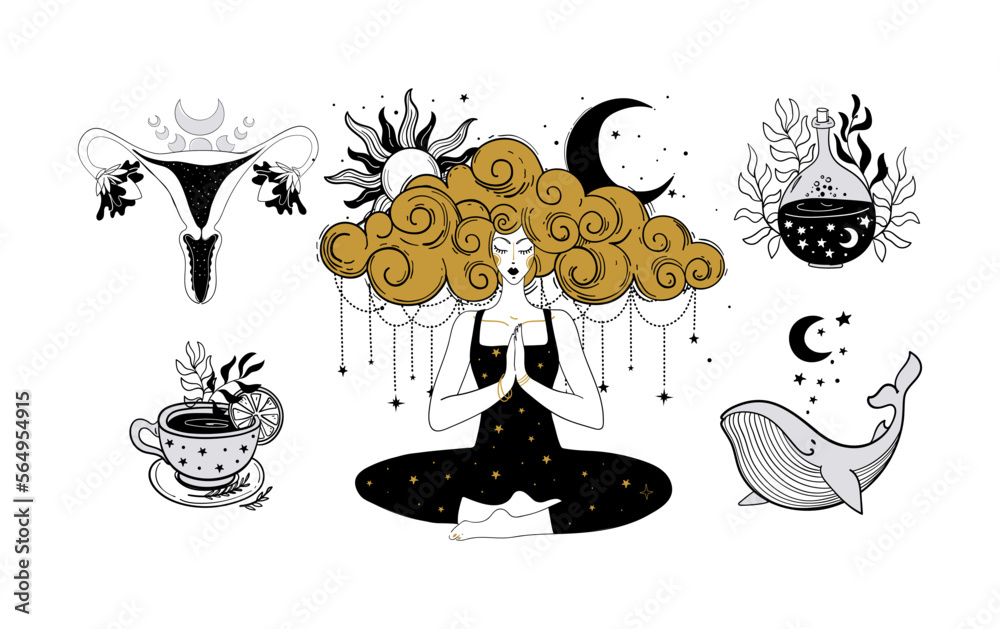 Vecteur Stock Meditating Mystical Boho Woman Witch Linear Sticker Set