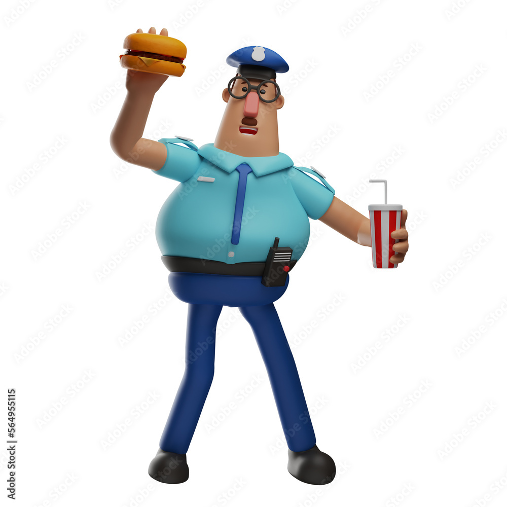 3D Police Officer Cartoon Illustration holding a burger and cola, 3D ...