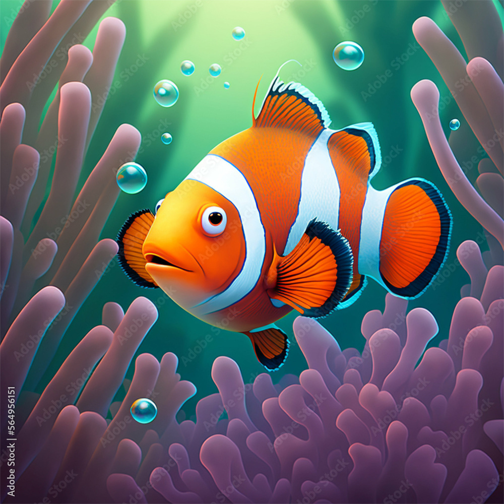 illustration of a clown fish swimming between coral reefs realistic ...