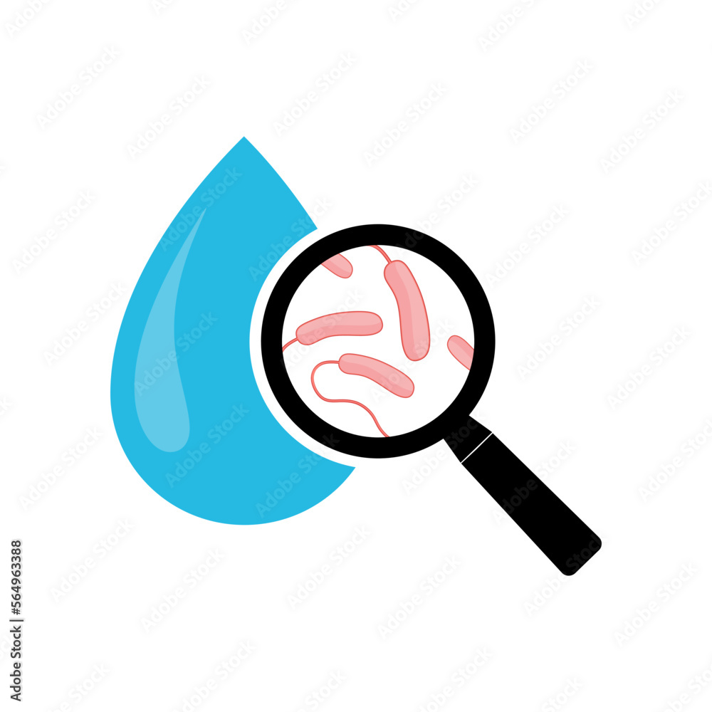 Water drop with magnifier and Vibrio cholerae. Symbol of Vibrio ...