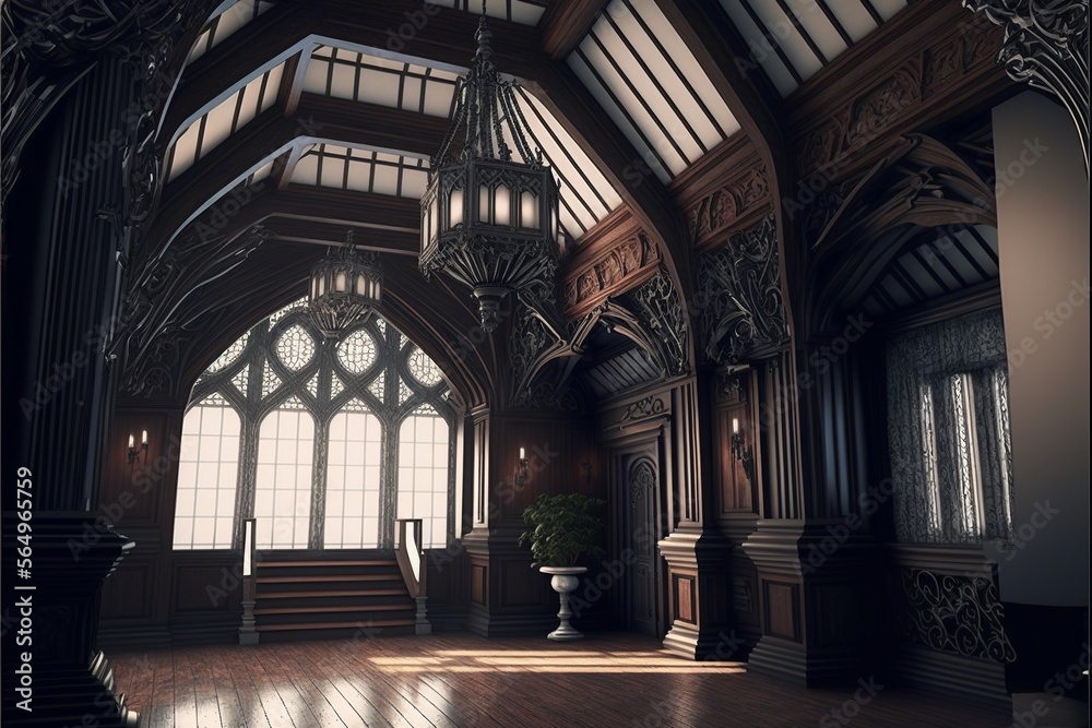 Great cathedral victorian style interior with stairway and arch window ...