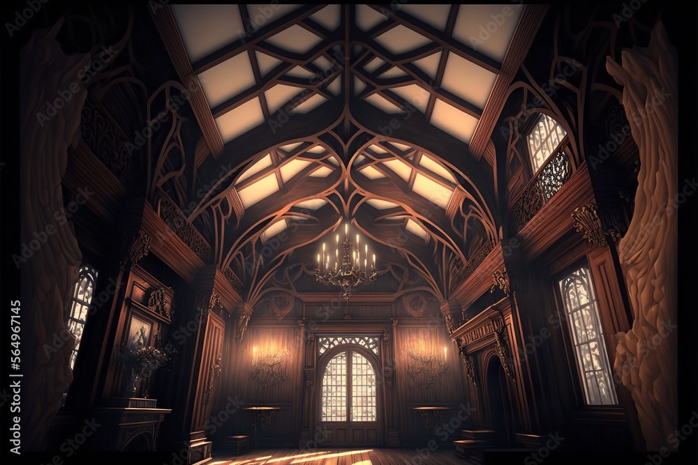 Victorian castle hall ceiling interior design with wooden ornamental ...