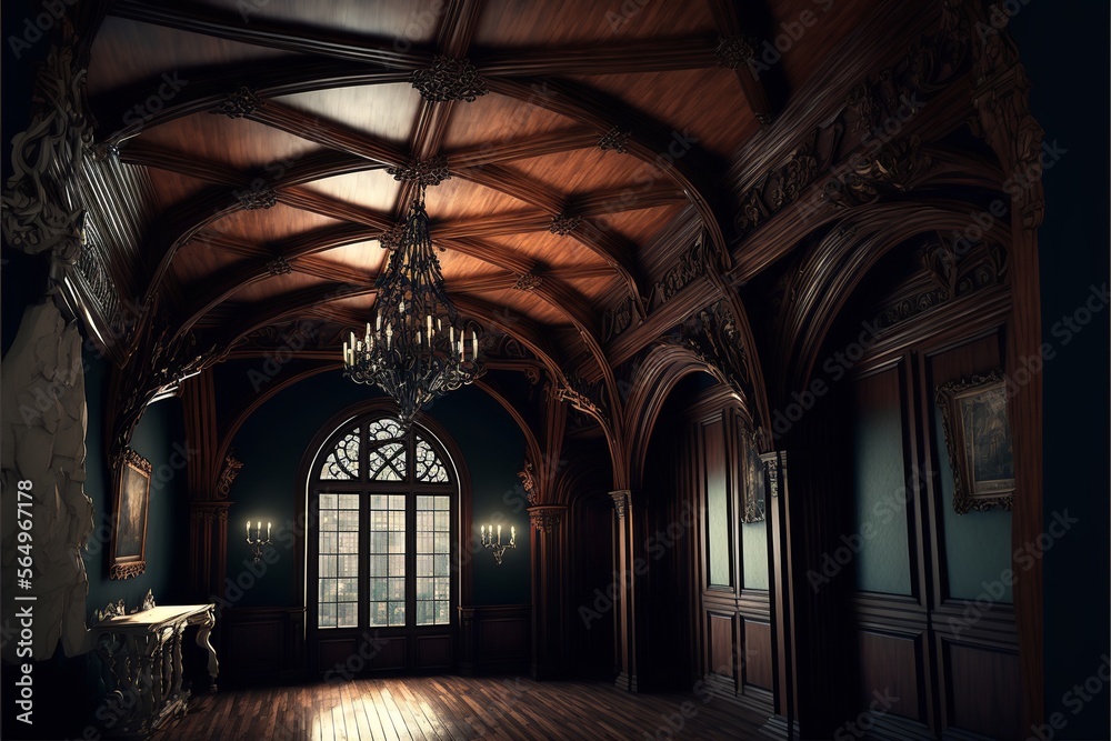 Victorian castle hall ceiling interior design with wooden ornamental ...
