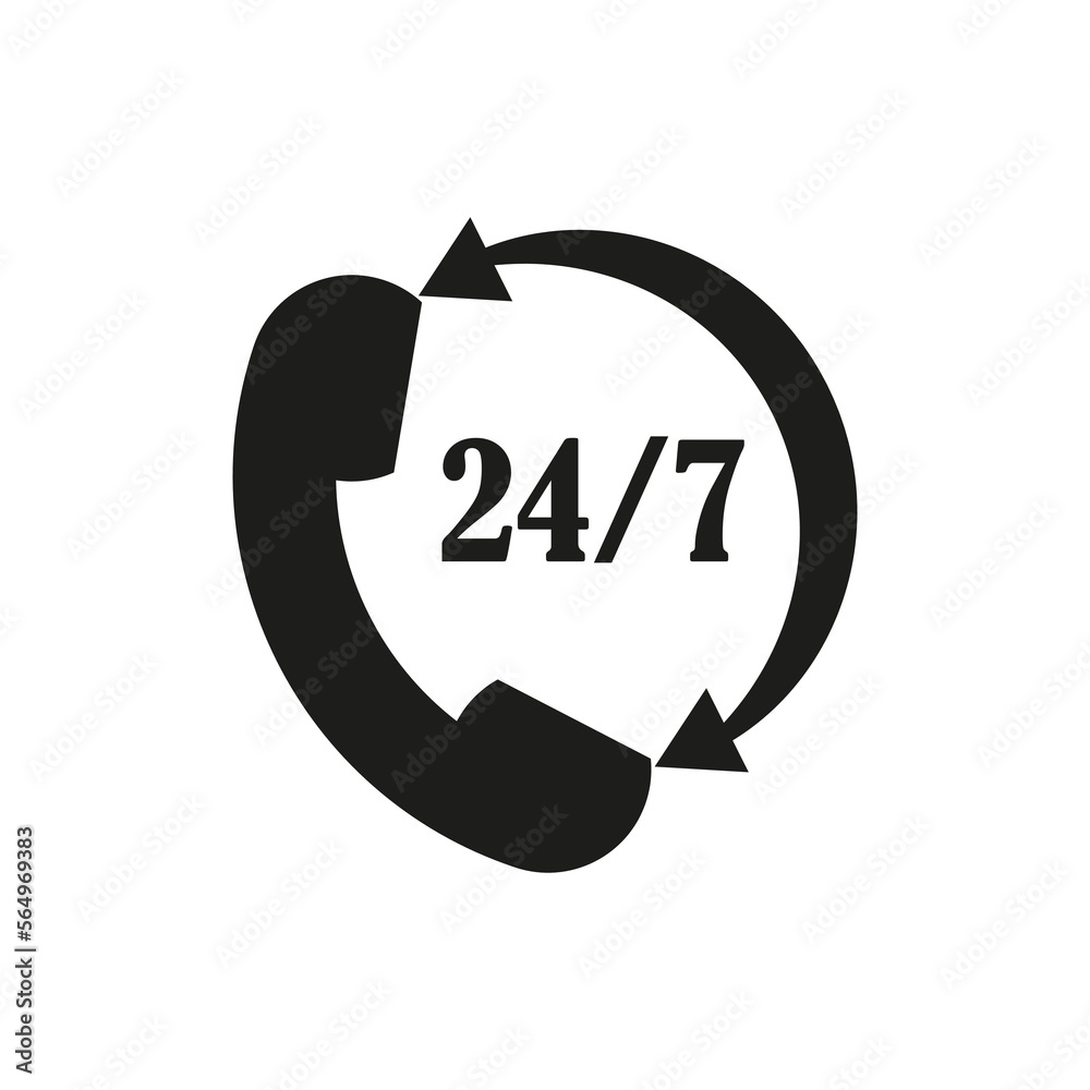 24 7 phone icon. Support icon. Time clock. Call symbol. Vector ...