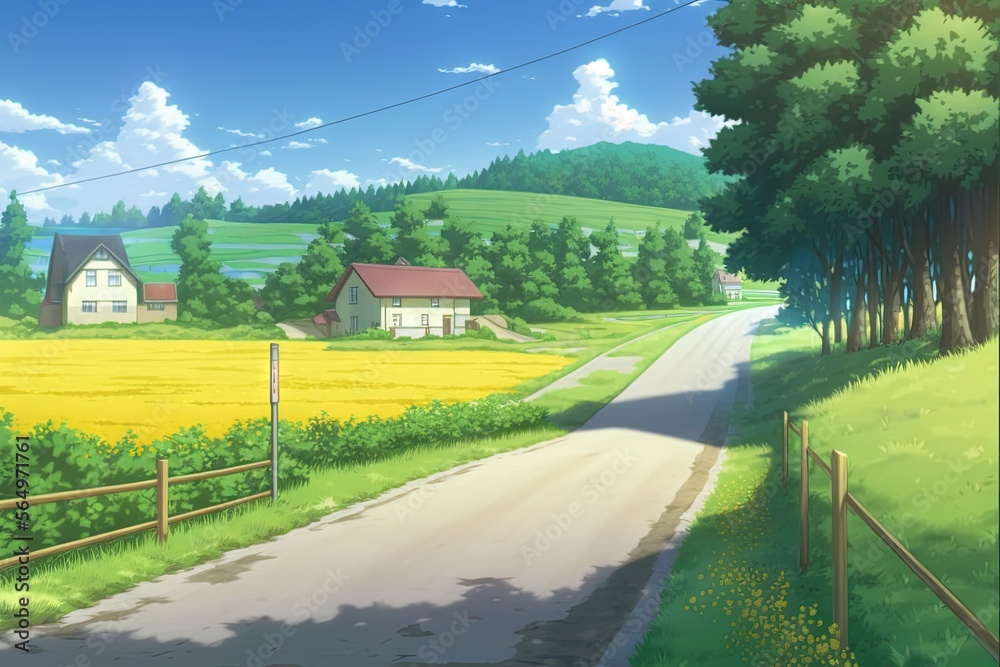Japanese anime style home in the countryside, road, created with ...