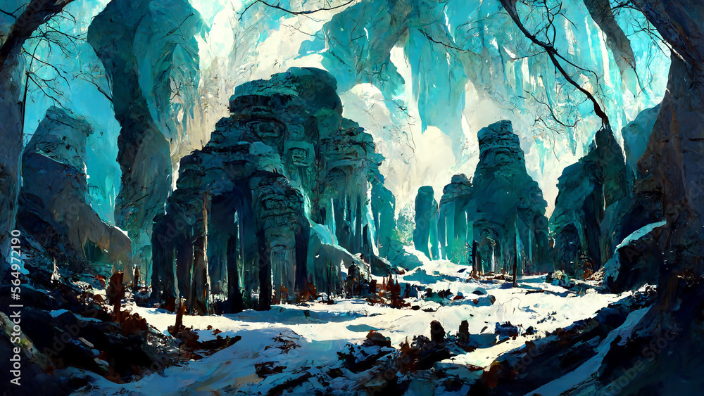 Mayan civilization Snow and ice forest land cave illustration ...