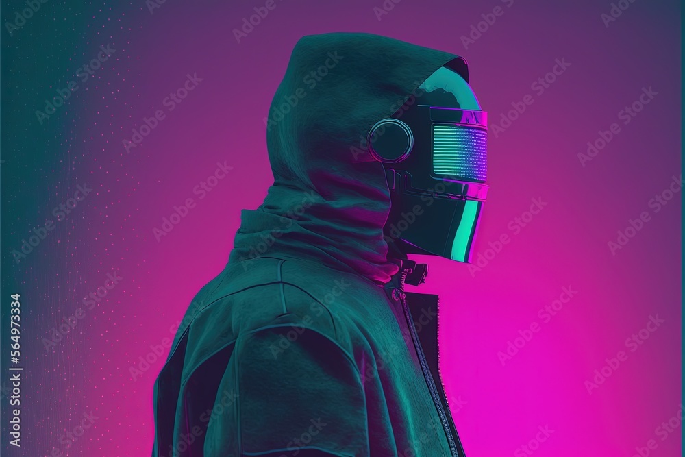 Dangerous hooded man in futuristic in a helmet, on a neon background ...