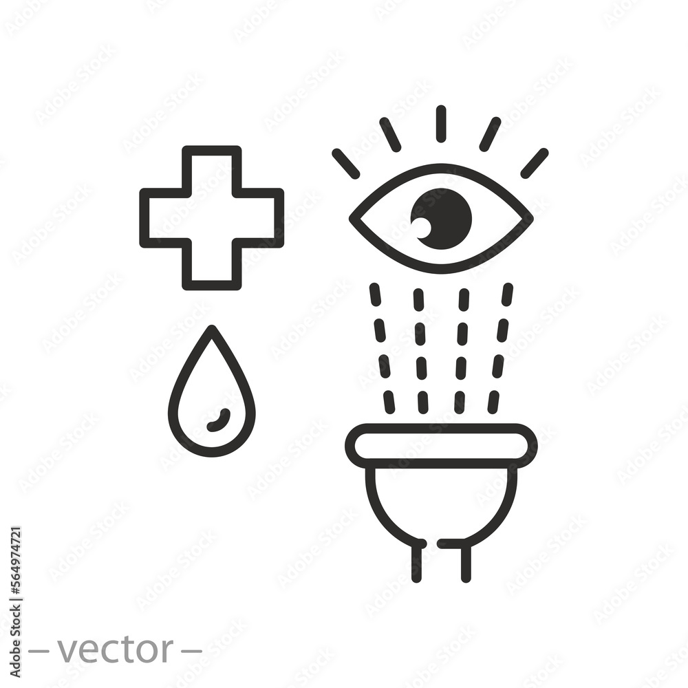 eye wash procedure icon, emergency rinse eyes, medical station, thin ...