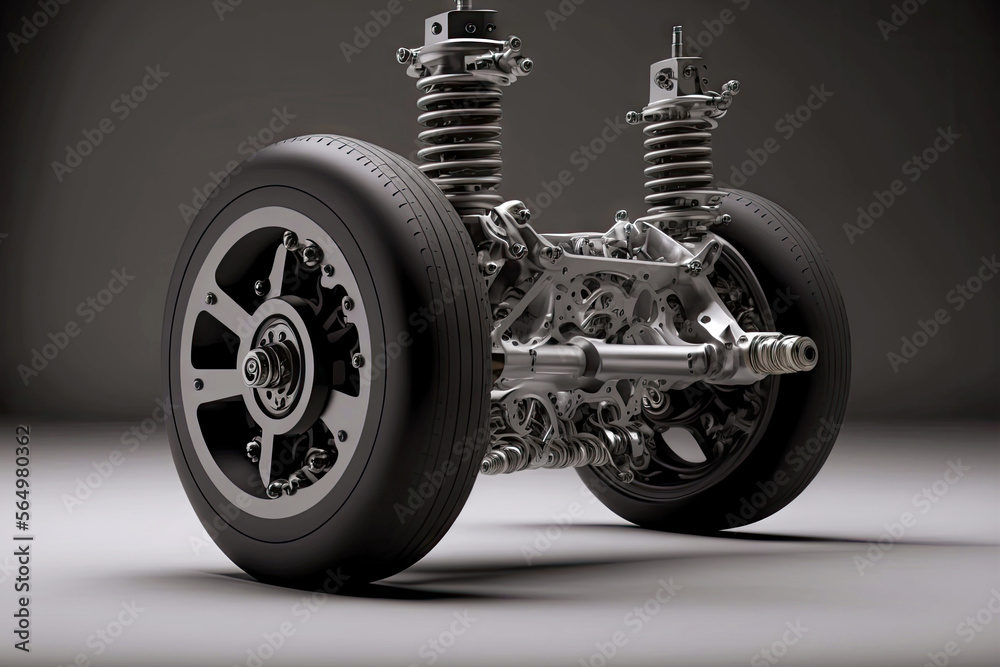 part of car's chassis with car shock absorber wheels on blurry gray ...