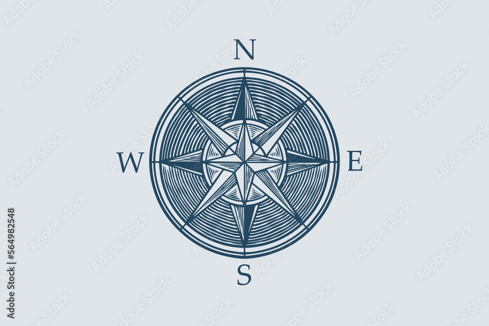 Hand drawing vintage compass ocean theme isolated on white background ...