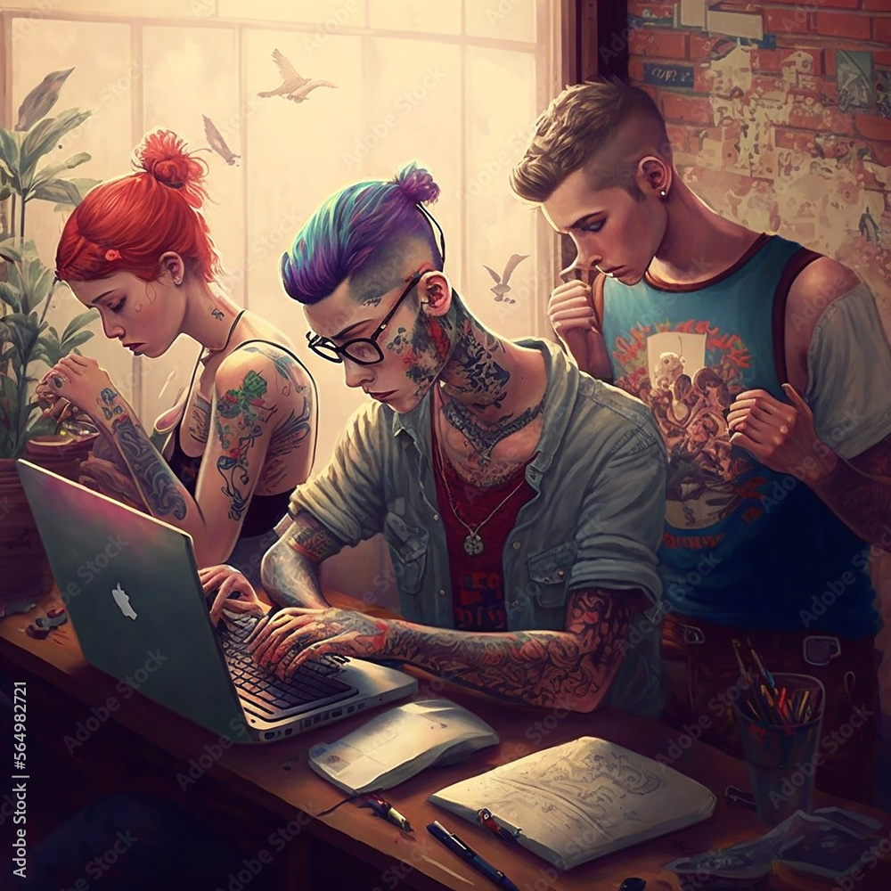 Generative AI: Illustration of cool young people working on computer in ...