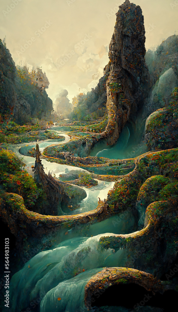 fantasy landscape with river leading into cave by Gediminas Pr ...