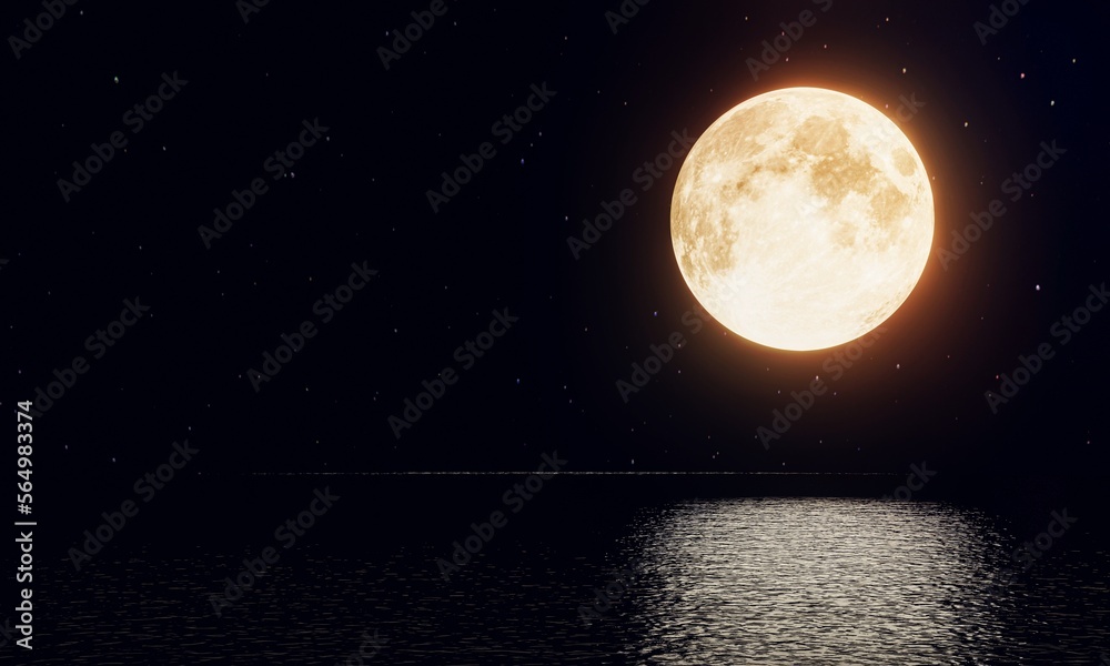 full moon Reflected on the surface of the sea or ocean. The night of ...