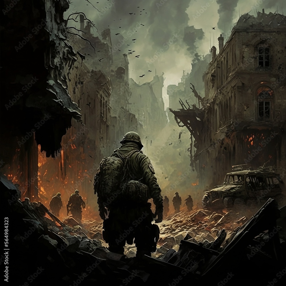 Soldiers walking on the battlefield. Illustration of the army on the ...