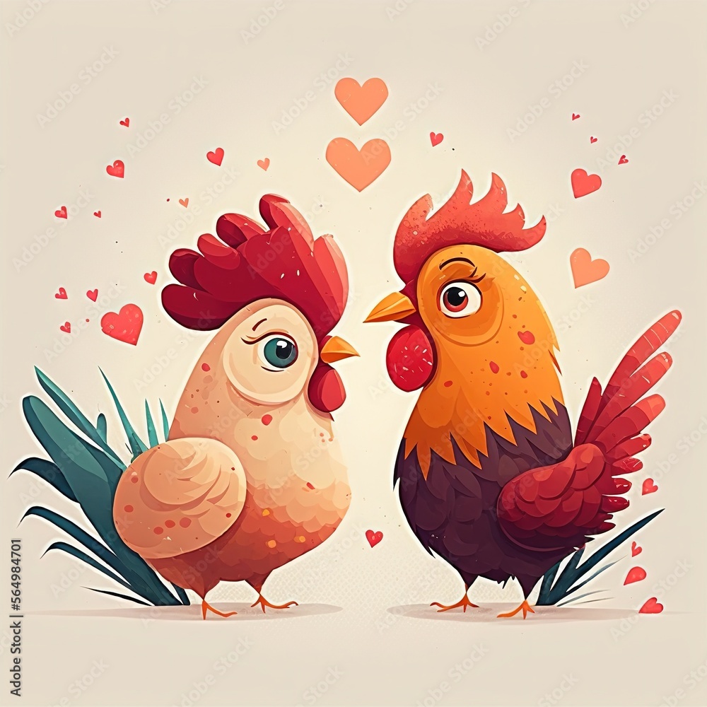Cuty rooster and hen in love. Cartoon illustration of st valentine's ...