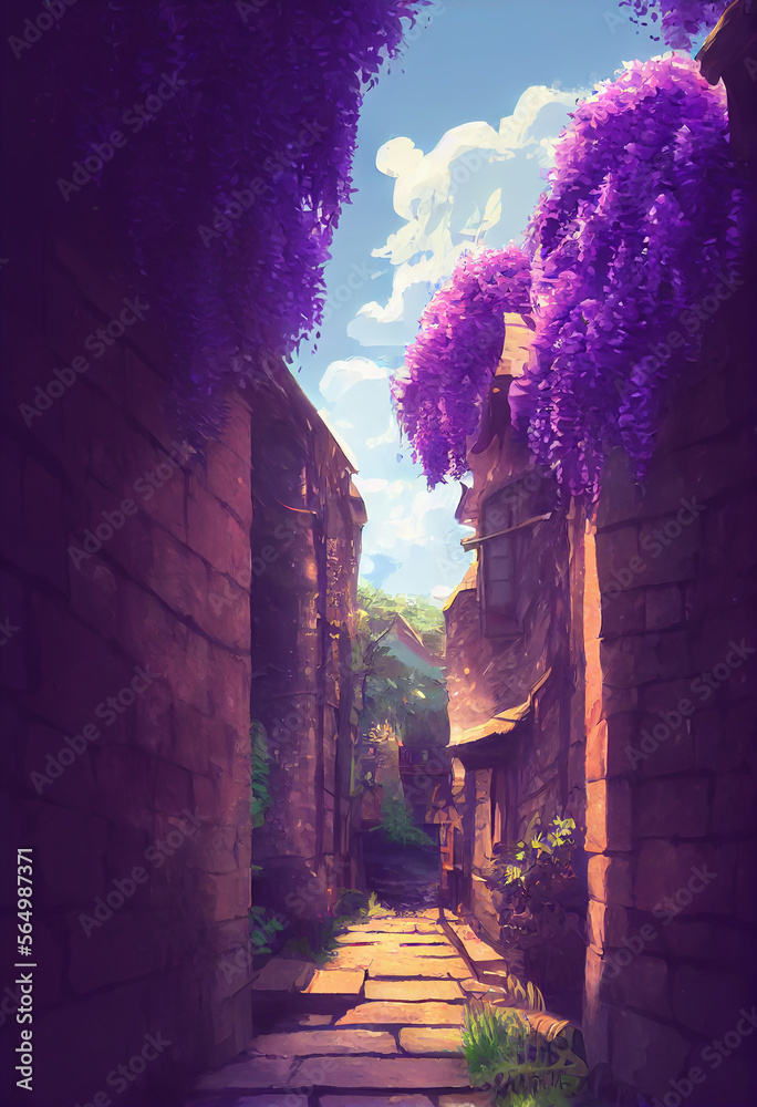 medieval alleyway wisteria cozy summer anime background animation ...