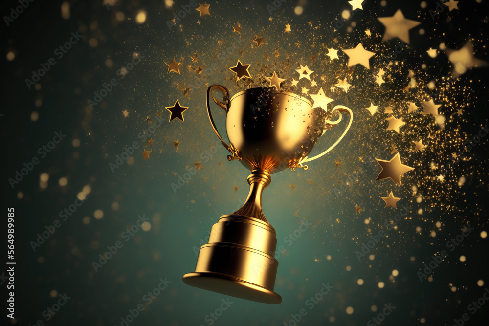 Poster Winner Gold trophy with stars flying, Generative AI illustration ...