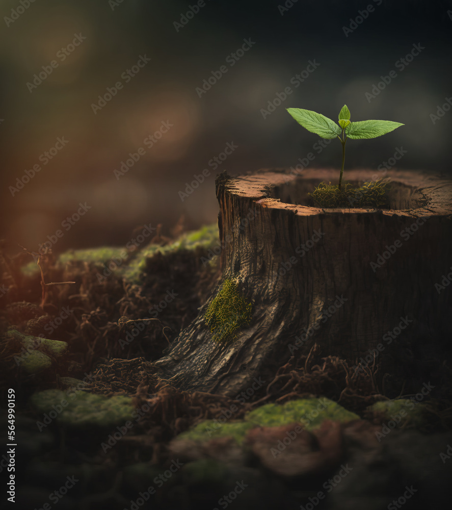 New beginnings concept with small plant sprouting from old tree trunk ...