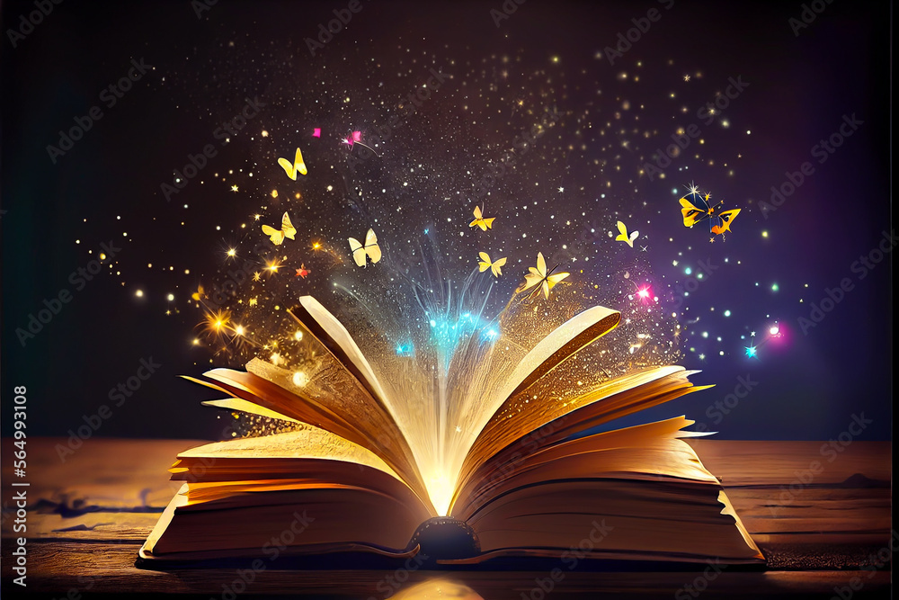 Opened magic fantasy book with magical flying butterflies above upwards ...