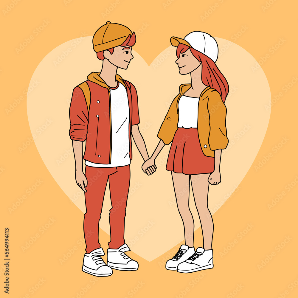 Cute Romantic Couple Meeting And Holding Hands On Valentines Day Stock Vector Adobe Stock