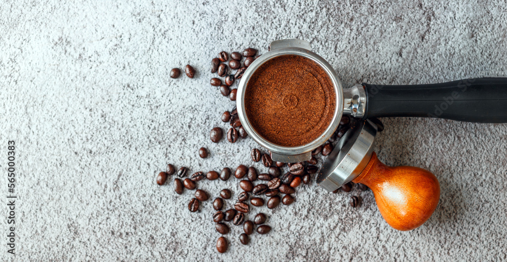 Equipment in a coffee shop of barista coffee tool portafilter with ...
