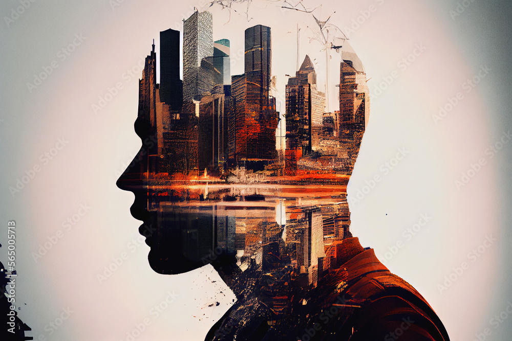 Double exposure of unrecognisable person and futuristic city. Not an ...