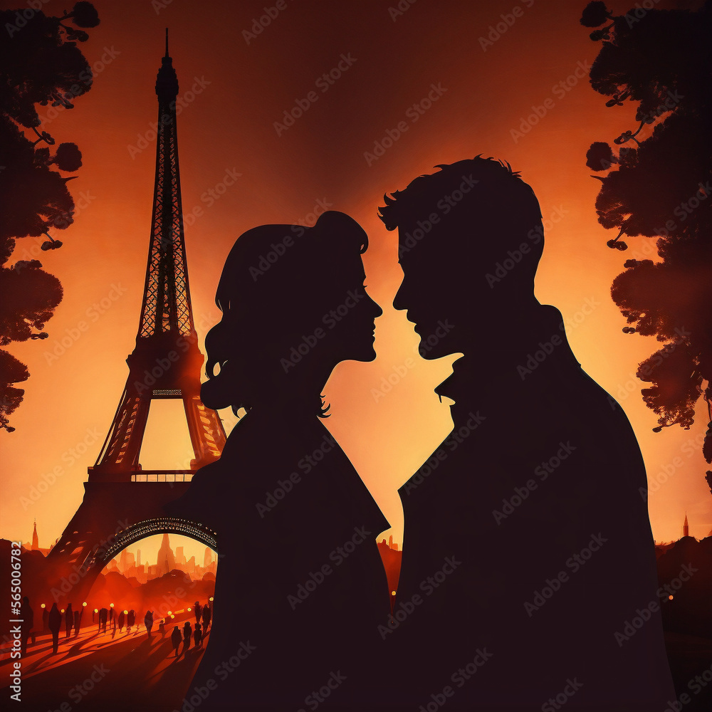 Silhouette of a loving couple in Paris, facing the Eiffel Tower Stock ...