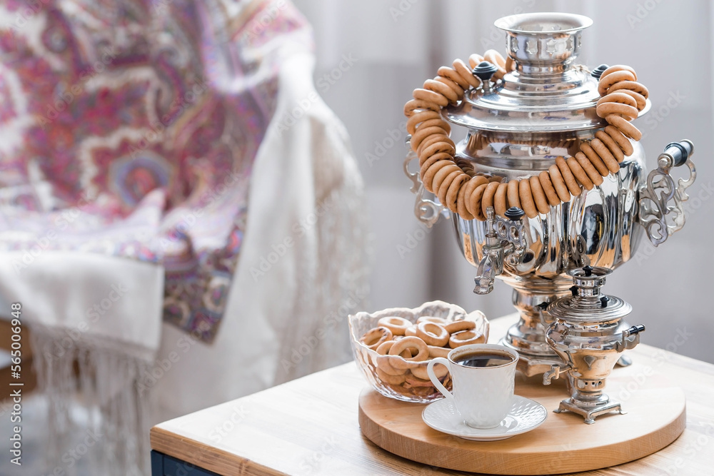 Russian traditions. Tea drinking with a samovar. Still life with bagels ...