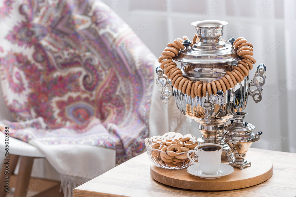 Russian traditions. Tea drinking with a samovar. Still life with bagels ...