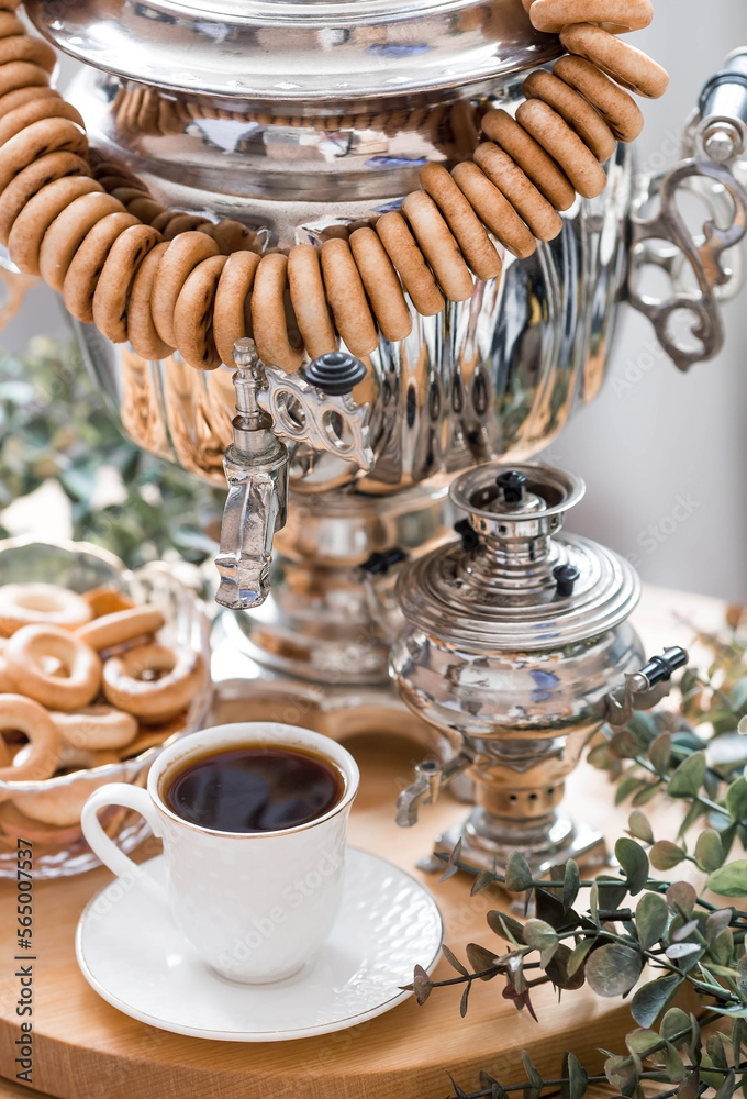 Russian Traditions Tea Drinking With A Samovar Still Life With Bagels