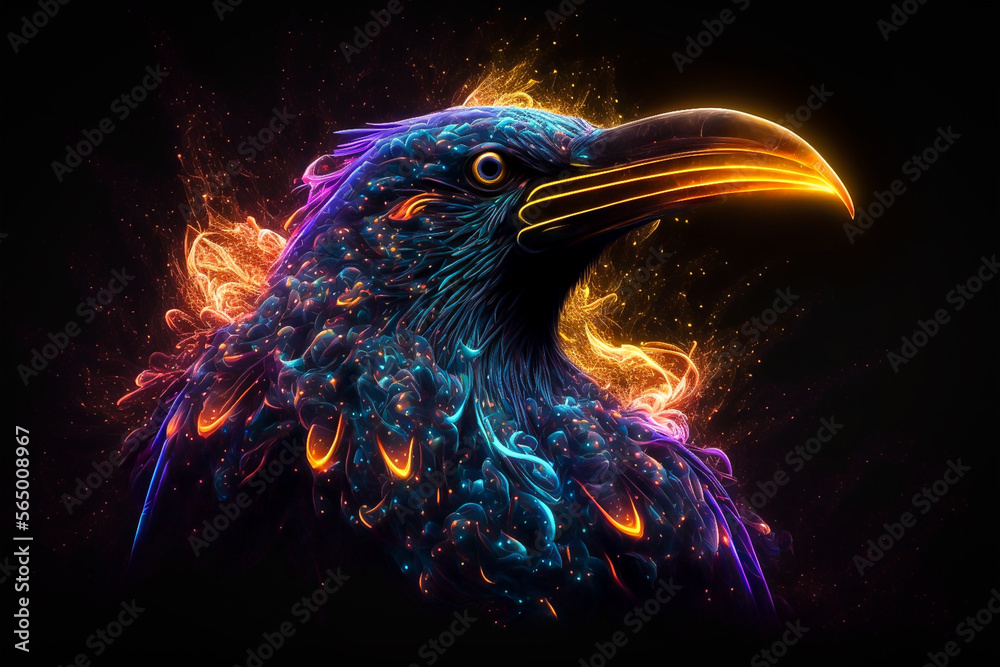 Colorful cartoon rainbow bird with black background. Wonderful electric ...