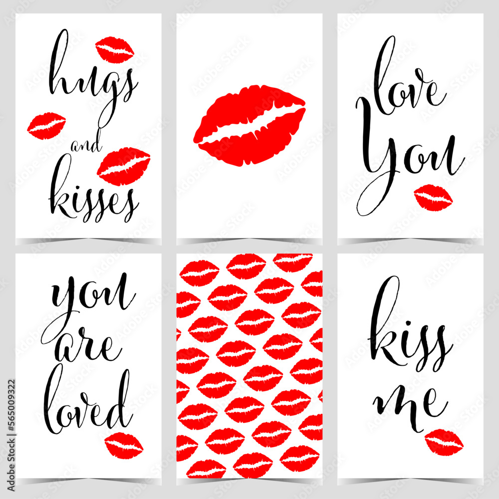 Valentine's Day postcard, gift label or tag with red lipstick kiss and ...